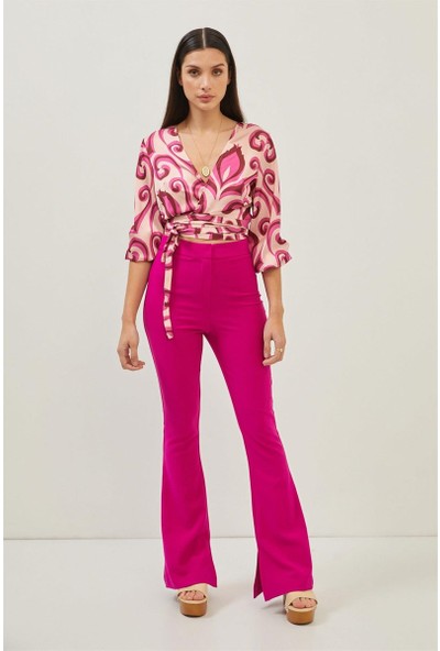 Setre Orkide Şal Desenli Bağlama Detaylı Kruvaze Bluz