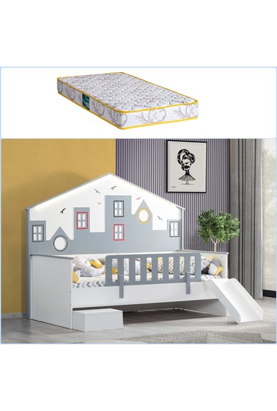 Montessori, City Montessori Yatak Korkuluklu Kaydıraklı Ledli - Gri + 1 Adet Comfort Yatak