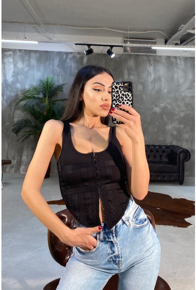 Fitilli Kaşkorse Bluz-Siyah