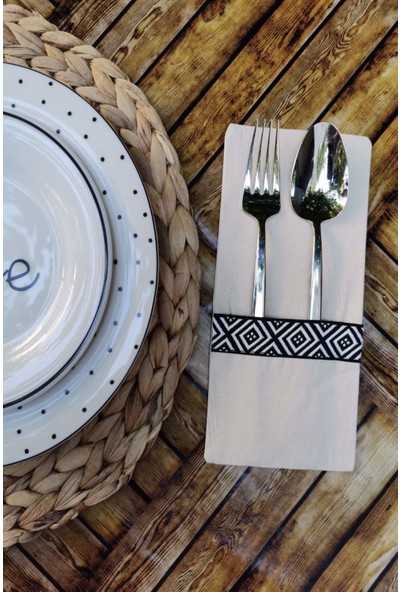 E-Sanat Evi 6 Adet Etnik Şeritli Keten Kaşıklık Servis Sunum