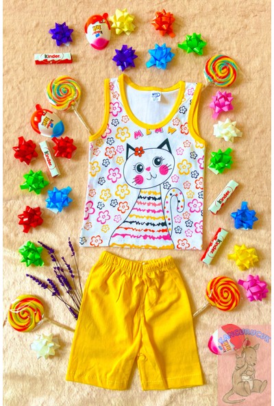 %100 Pamuk Kız Çocuk Askılı Kedi Desenli Şortlu Takım