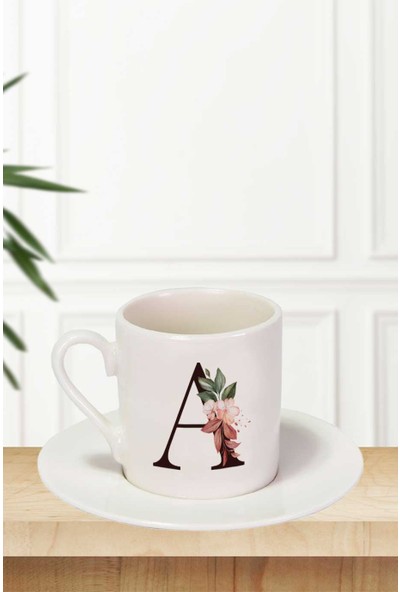 Gizeo Concept Çiçekli A Harfli Desenli Türk Kahvesi Fincanı