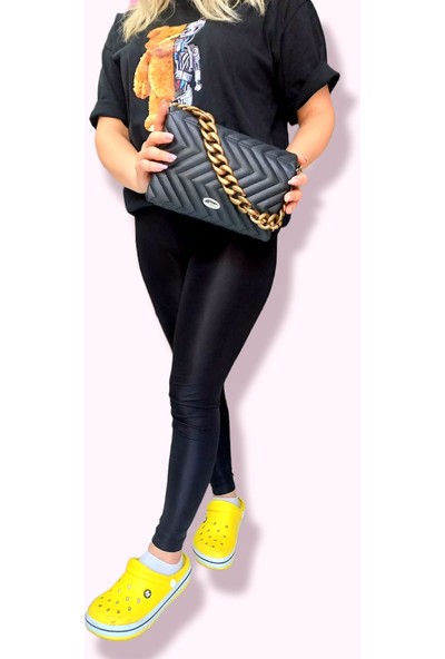 BL Siyah Kapitone Desen Kalın Zincir Askılı El ve Omuz Çantası