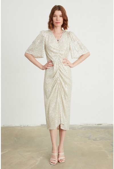 Gusto Önü Büzgülü Pul Payet Elbise - Platin