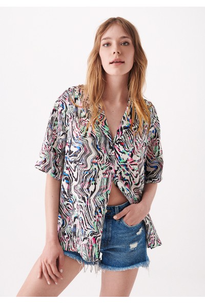 Mavi Icon Dalga Baskılı Beyaz Gömlek