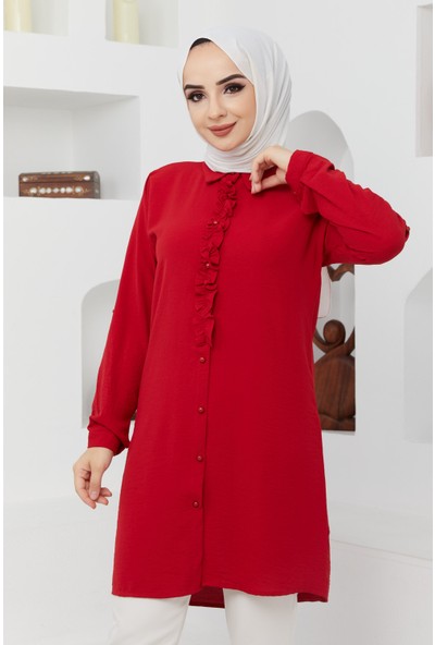 Önü Fırfır Detaylı Ayrobin Tesettür Tunik/kırmızı