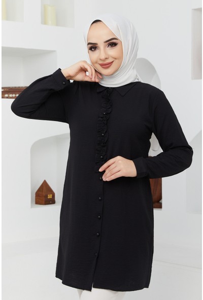 Önü Fırfır Detaylı Ayrobin Tesettür Tunik/siyah