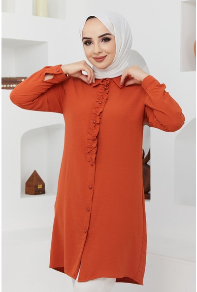 Önü Fırfır Detaylı Ayrobin Tesettür Tunik/kiremit