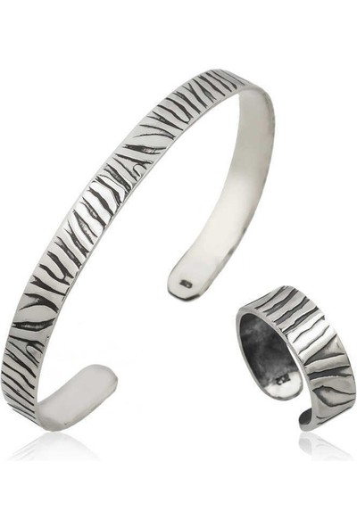 Gumush Gümüş Zebra Desenli Bileklik ve Yüzük Set