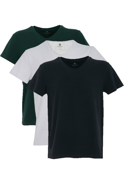 Adam Boxes Erkek V Yaka T-Shirt Simplo 3'lü Paket - Lacivert, Koyu Yeşil, Beyaz