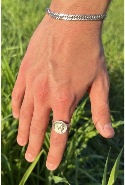 The Collection Unisex Madalyon Model Ayarlanabilir Gümüş Kaplama Yüzük