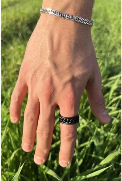 The Collection Zincir Desenli Alyans Model Ayarlanabilir Siyah Yüzük