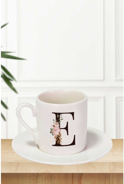 Gizeo Concept Çiçekli E Harfli Desenli Türk Kahvesi Fincanı
