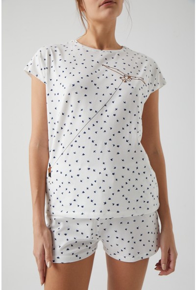 Hays Kadın Lacivert Kuş Baskılı Belde Süs Biye Detaylı Şort Pijama Altı