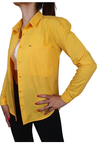 Bayan Gömlek Önden Cepli Sarı Gömlek