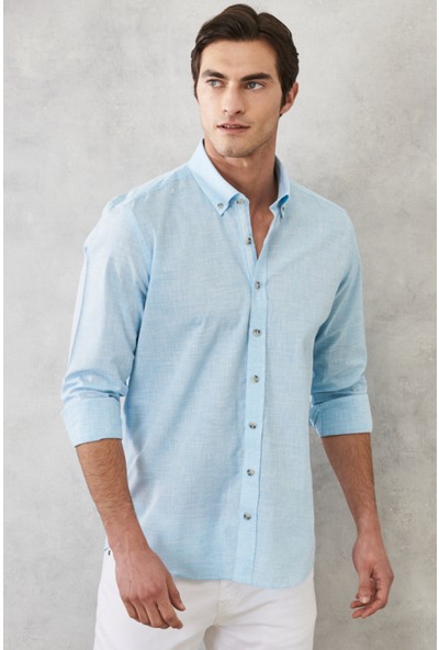 Slim Fit Dar Kesim Düğmeli Yaka Pamuk Flamlı Uzun Kollu Gömlek Slim Fit Dar Kesim Düğmeli Yaka Pamuk Flamlı Uzun Kollu Gömlek