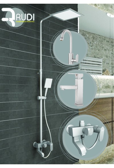 Rudi Silver Batarya Takım(Banyo,lavabo,mutfak)&silver Robot Duş Seti - 201S4 Rudi Silver Batarya Takım(Banyo,lavabo,mutfak)&silver Robot Duş Seti - 201S4