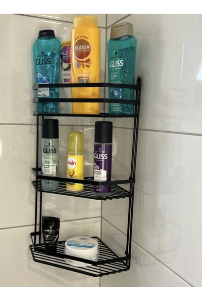 Yay Üç Katlı Siyah Banyo Köşe Rafı Yay Üç Katlı Siyah Banyo Köşe Rafı