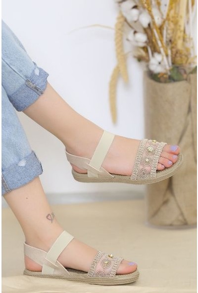 E Moda Taşlı Sandalet Bej - 9493.264.