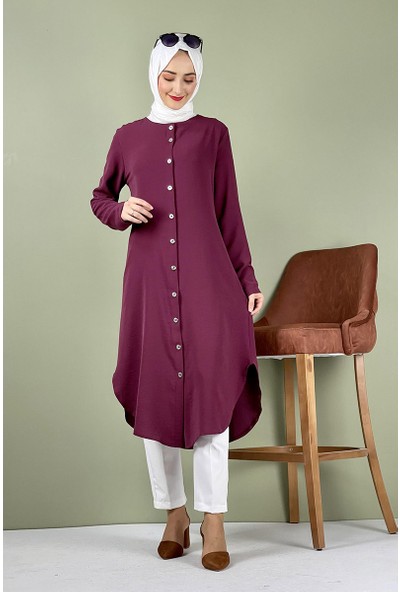 Sinelay Moda Çizgi Büyük Beden Aerobin Düğmeli Tunik Vişne