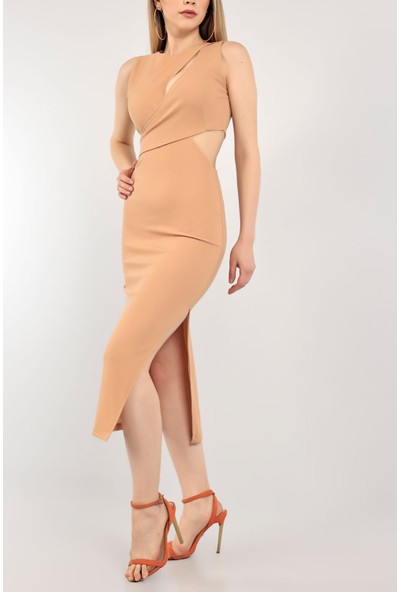 BF Clothing Kadın Bej Kolsuz Krep Abiye Elbise BF Clothing Kadın Bej Kolsuz Krep Abiye Elbise