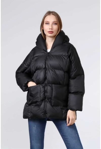Miss Yıldızlar Siyah Mat Kapüşonlu Oversize Şişme Mont