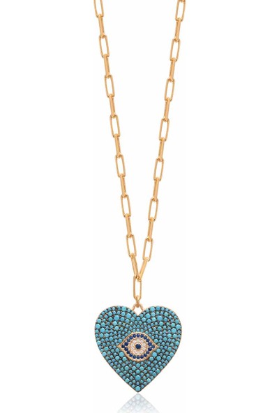 Zirkon Taşlı Pırlanta Montür Altın Kaplama Turkuaz Taşlı Ortası Göz Desenli Gümüş Kolye