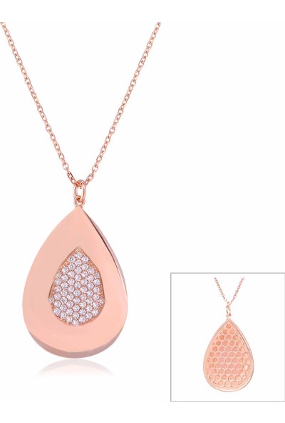 Zirkon Taşlı Pırlanta Montür Rose Altın Kaplama Damla Desenli Gümüş Kolye Zirkon Taşlı Pırlanta Montür Rose Altın Kaplama Damla Desenli Gümüş Kolye