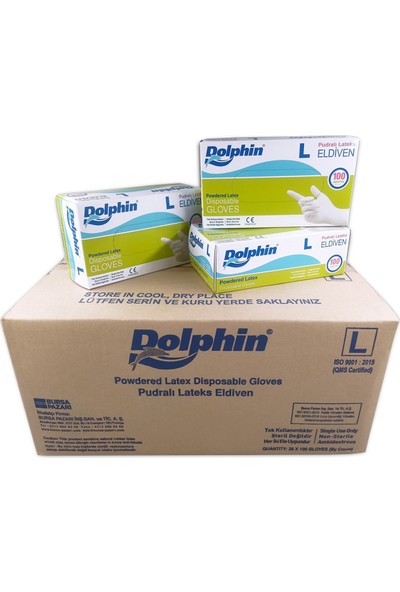 Dolphin Pudralı Lateks Eldiven L Beden 100'lü 20 Kutu Dolphin Pudralı Lateks Eldiven L Beden 100'lü 20 Kutu
