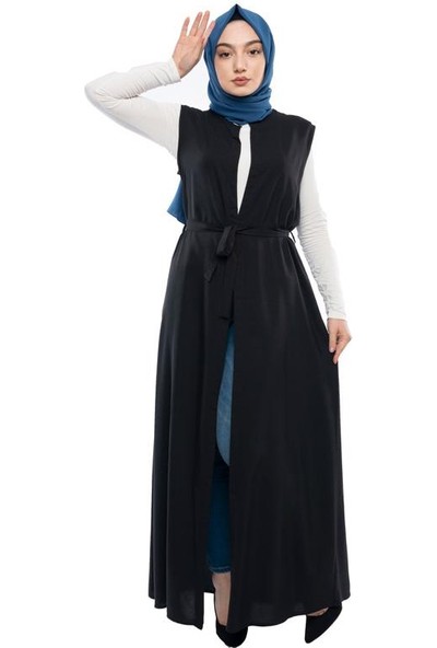 Sinelay Moda Çizgi Kuşaklı Yelek Siyah