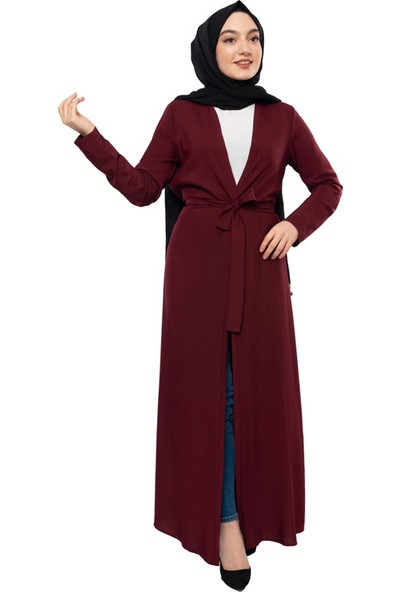 Sinelay Moda Çizgi Kuşaklı Mevsimlik Abaya Vişne