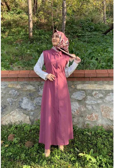 Sinelay Moda Çizgi Gömlek Yakalı Yelek Gül Kurusu