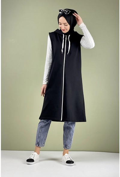 Sinelay Moda Çizgi Spor Kapişonlu Yelek Siyah