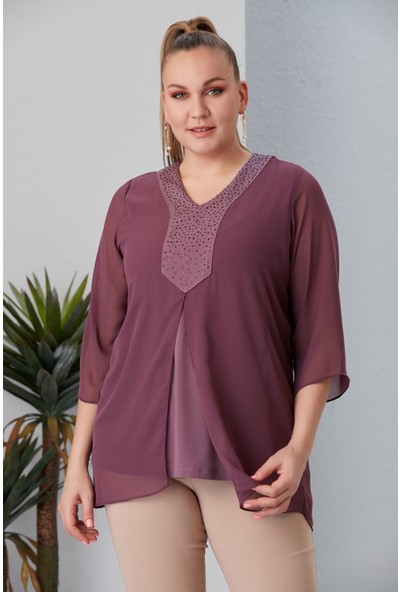 Rmg Yaka Taş Detaylı Kolları Tül Büyük Beden Leylak Bluz