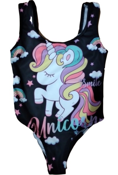 My Kids Unicorn Baskılı Siyah Kız Bebek Çocuk Mayo