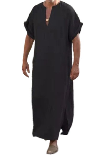 Janae Düz Renk Uzun Erkek Hac Kıyafeti - Siyah (Yurt Dışından)