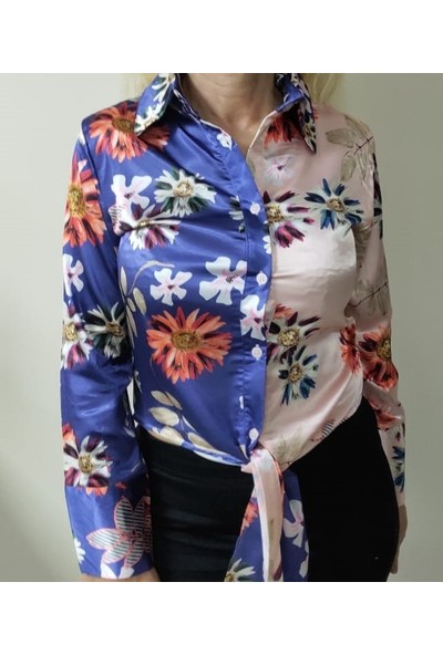 Bağlamalı Saten Çiçek Desenli Baskılı Gömlek