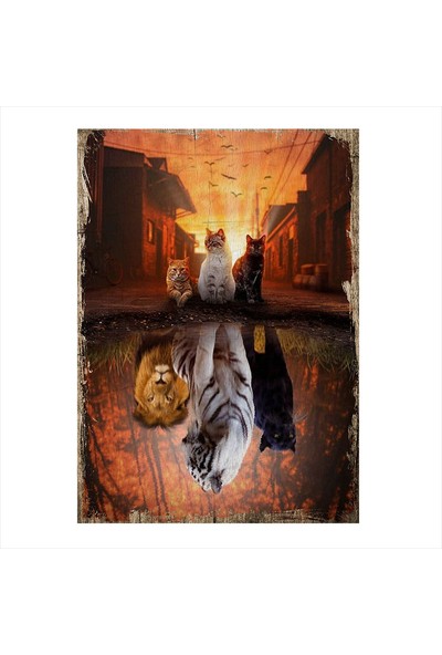 Tablomega Güçlü Kediler Desenli Ahşap Tablo