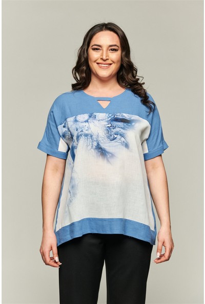 Kifayet Indigo Baskılı Büyük Beden Keten Bluz