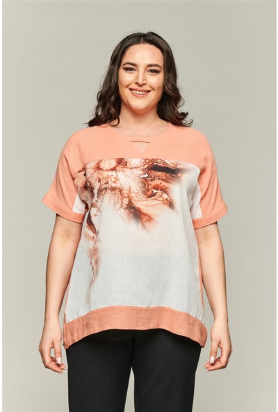 Kifayet Yavruağzı Baskılı Büyük Beden Keten Bluz