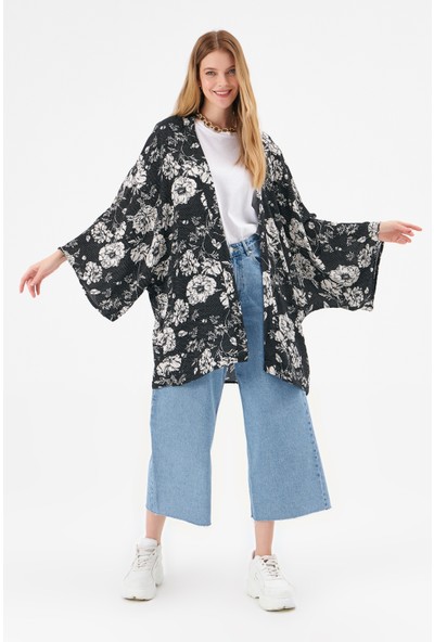 Muni Muni Desenli KIMONO-51410-SIYAH Ekru Muni Muni Desenli KIMONO-51410-SIYAH Ekru