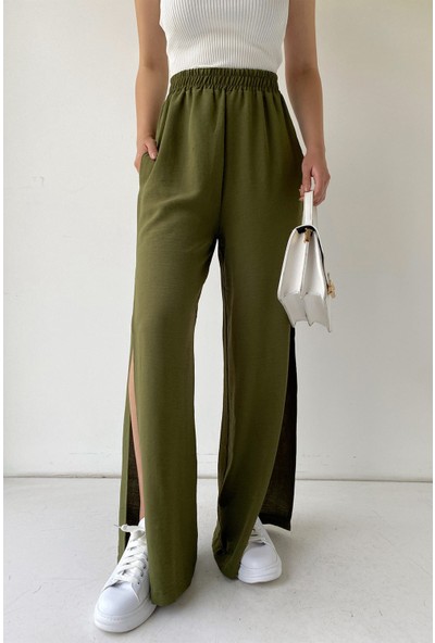Yırtmaçlı Bol Paça Pantolon Haki