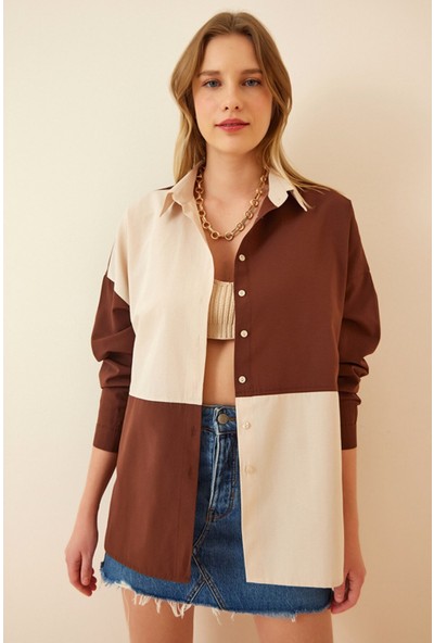 Loveofzi Kadın Krem-Kahve Blok Renkli Oversize Poplin Gömlek Loveofzi Kadın Krem-Kahve Blok Renkli Oversize Poplin Gömlek