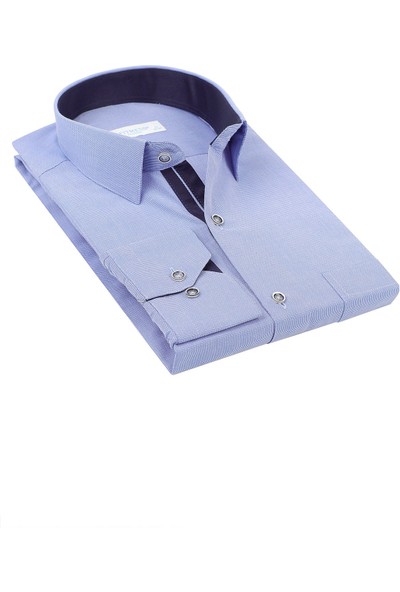 Fitmens Klasik Uzun Kol Filafil Pötikareli Swift Garnili Ara Biyeli Gömlek - Saks Mavi