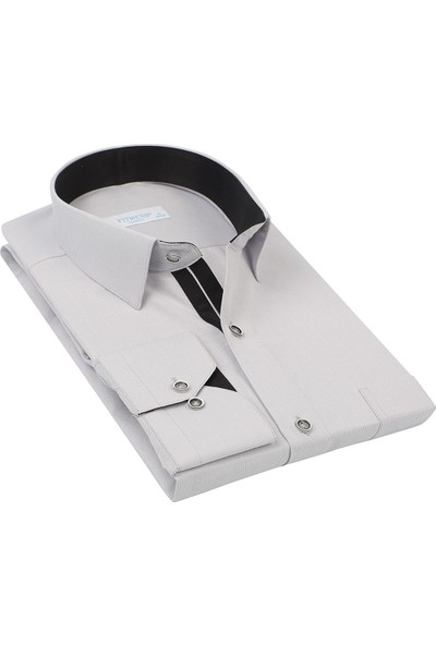 Fitmens Klasik Uzun Kol Filafil Pötikareli Swift Garnili Ara Biyeli Gömlek - Gri