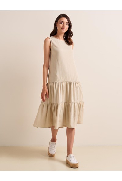 Kadın Bej Düz Kesim Bisiklet Yaka Kolsuz Midi Elbise