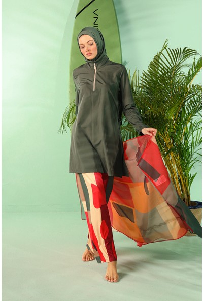 Marina Haki Kadın Desen Detaylı Tasarım Tesettür Mayo M2279