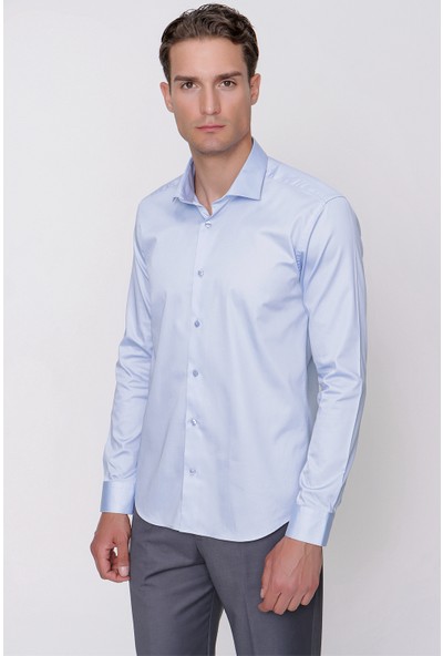 Erkek A.mavi Compact Slim Fit Dar Kesim Düz %100 Pamuk Saten Gömlek