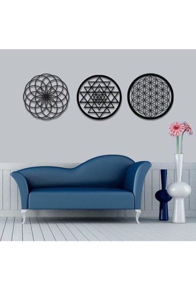 Monalika Aşam Çiçeği Sri Yantra ve Torus 3'lü Set Duvar Tablosu Ahşap Duvar Dekor