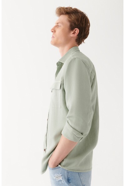 Mavi Çift Cepli Yeşil Gömlek